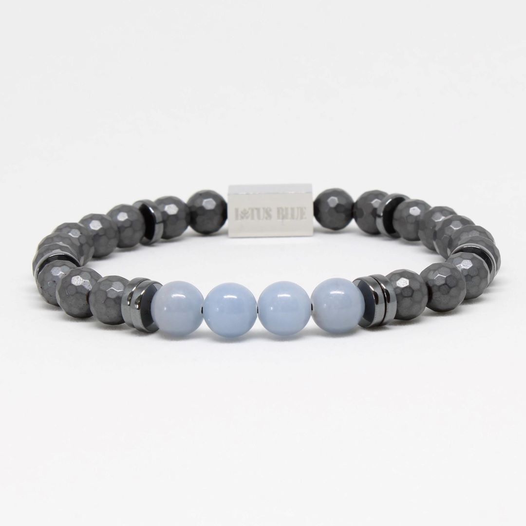 Angelite & Matte Hematite Bracelet 8mm – Lotus Blue